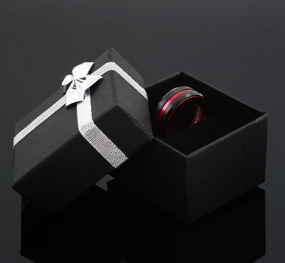 Black Tungsten Carbide Mens Thin Red Line Band Ring-Firefighters First ...