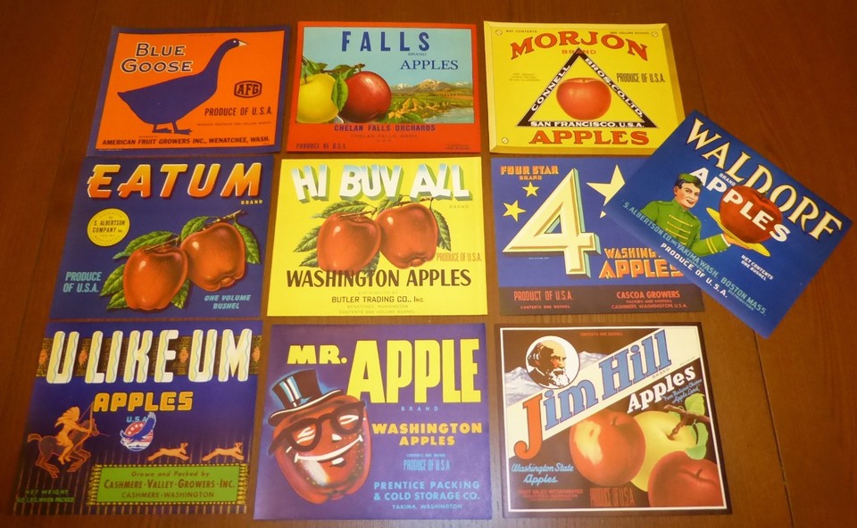 50 OLD FRUIT BOX APPLE CRATE LABELS VINTAGE LOT ADVERTISING NOS 1930S ...
