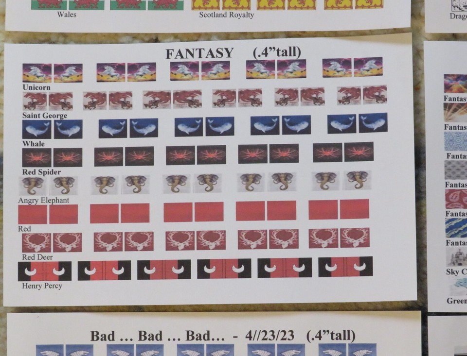 LOT 15mm FLAGS, FANTASY FLAGS, 6 sheets stick 'em flags, LOT 15mm flags ...