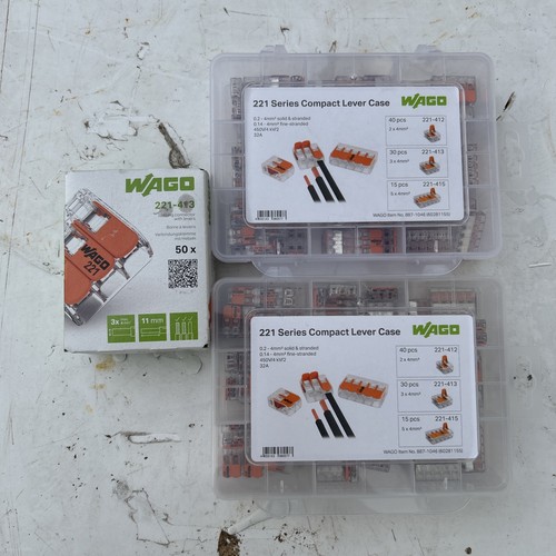 2 X Wago 221 Series compact lever boxes. 1 X 221-413 3 way connectors ...