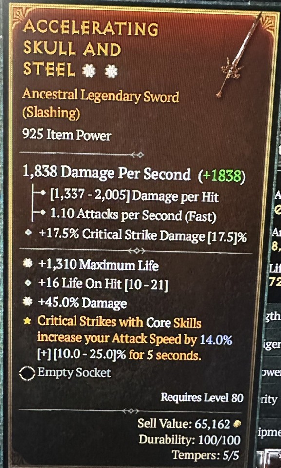 Diablo 4 2 greater Affix Sword MAX Life Damage 925 Item Power Lvl 80 D4 ...