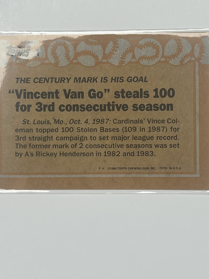 Vince Coleman 1988 Topps #1 '87 Record Breakers Vincent Van Go | eBay