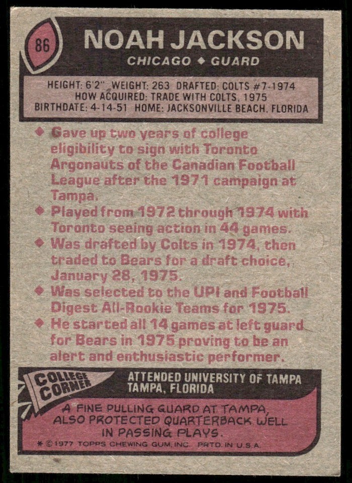 1977 Topps Noah Jackson Rookie Chicago Bears #86 | eBay