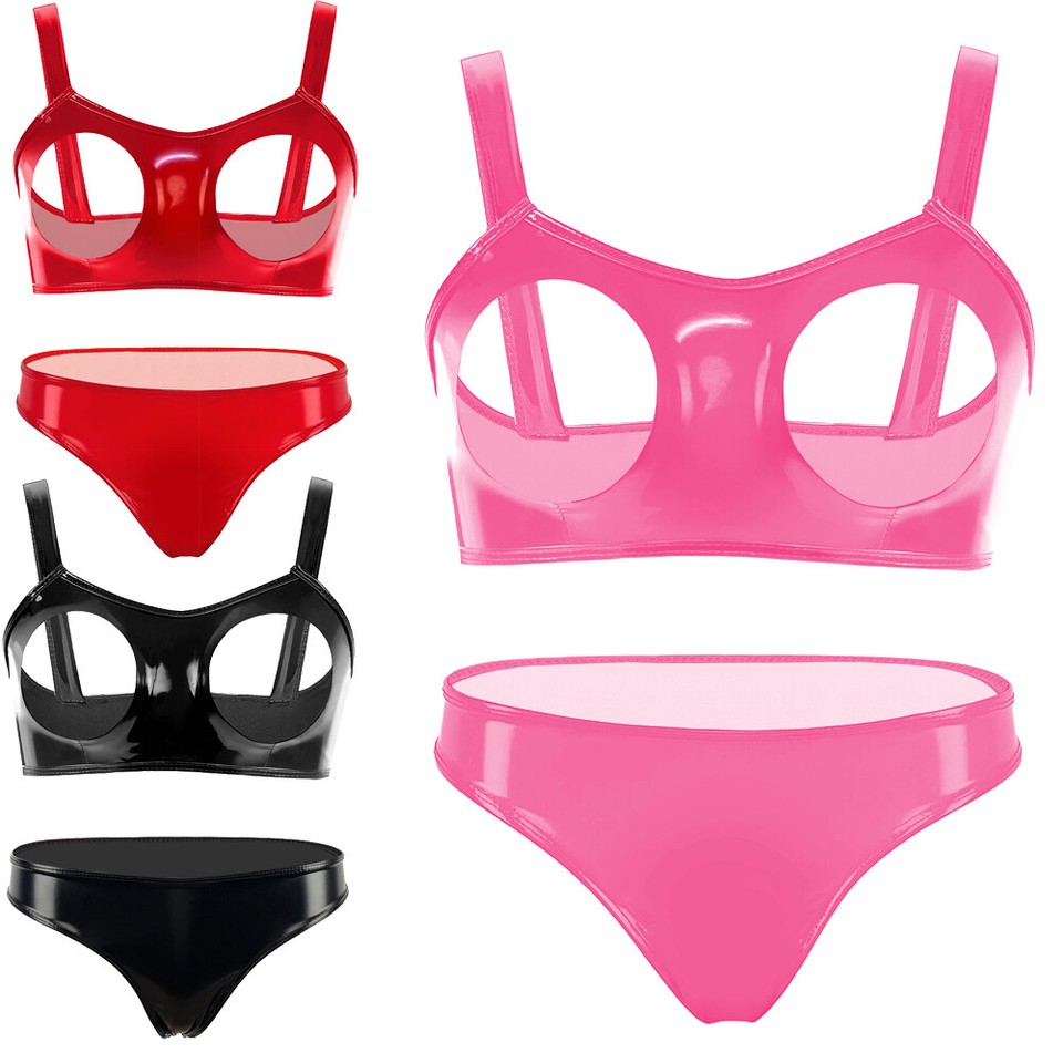 Women Bras Tops+Briefs PVC Leather Lingerie Sets Open Cup Camisoles ...