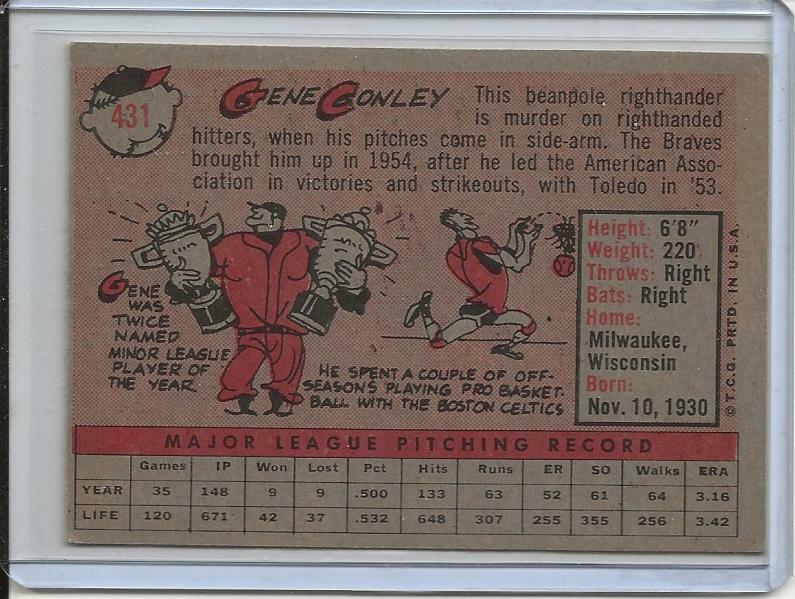 1958 Topps Baseball Card Gene Conley Pitcher Milwaukee Braves Near Mint ...