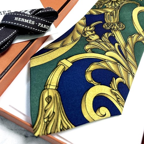 Hermes Green & Gold Scarf Pattern Tie 80s Luxury Accessory | eBay