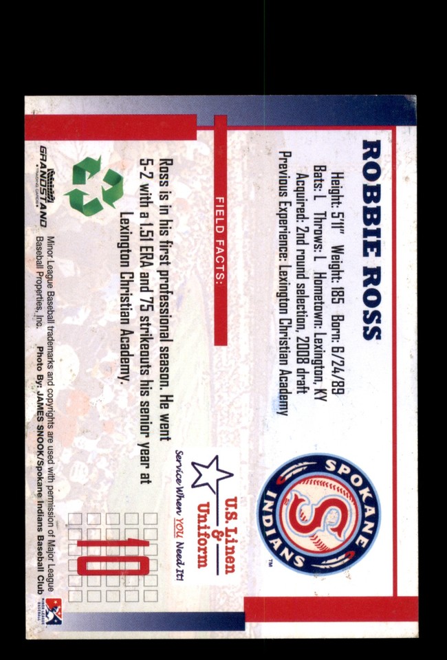 Signed Baseball Card Auto Robbie Ross 2009 Grandstand Spokane Indians ...