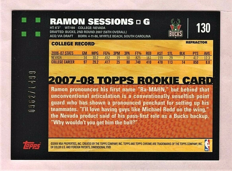 Ramon Sessions Bucks 2007-08 Topps Chrome RC Refractor Rookie Card 0962 ...
