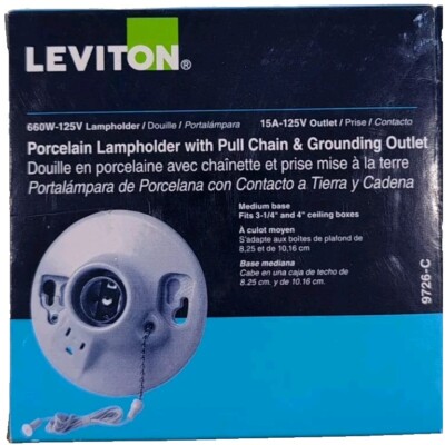 Leviton Glazed Porcelain Lamp Holder with Pull Chain and Outlet White ...