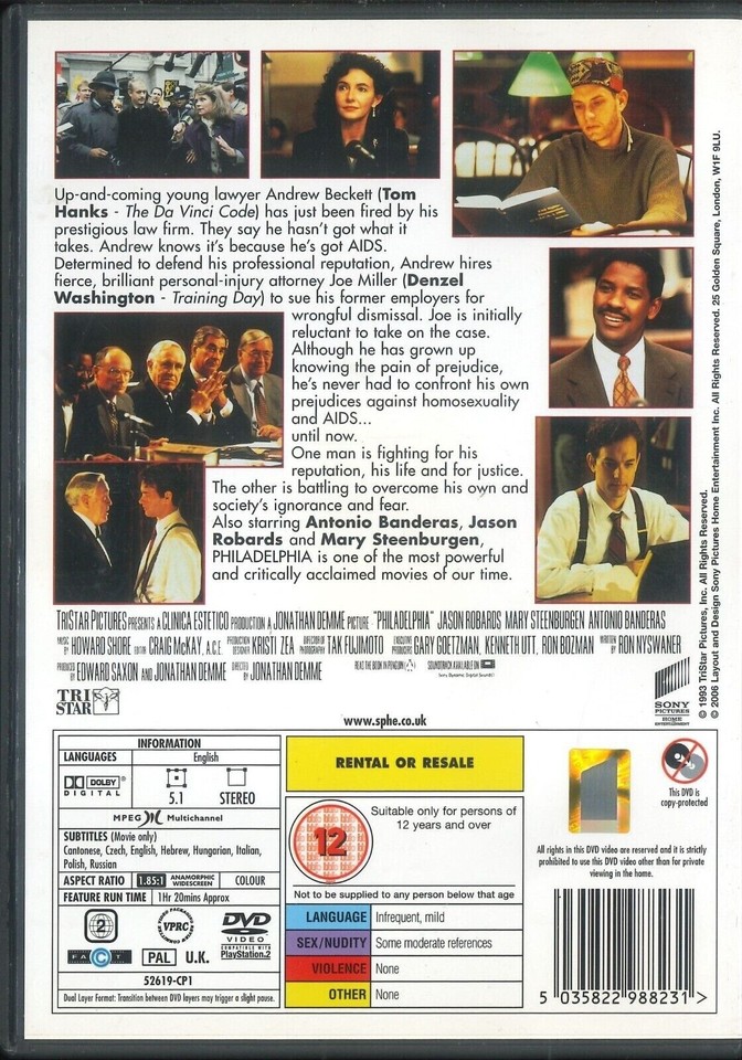 Philadelphia (1993) DVD, Tom Hanks, Denzel Washington, Roberta Maxwell ...