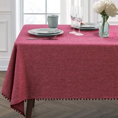 JUCFHY Pompom Tassel Rectangle TableCloth Heavy Duty Fabric Maroon 60 ...