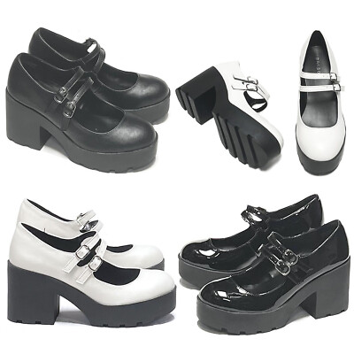 New Women Black White Mary Jane Platform Chunky Heel School Girl Ballet ...