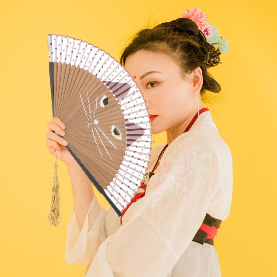 Summer Cat Silk Bamboo Hand Painted Cartoon Cat Folding Fan Party ...