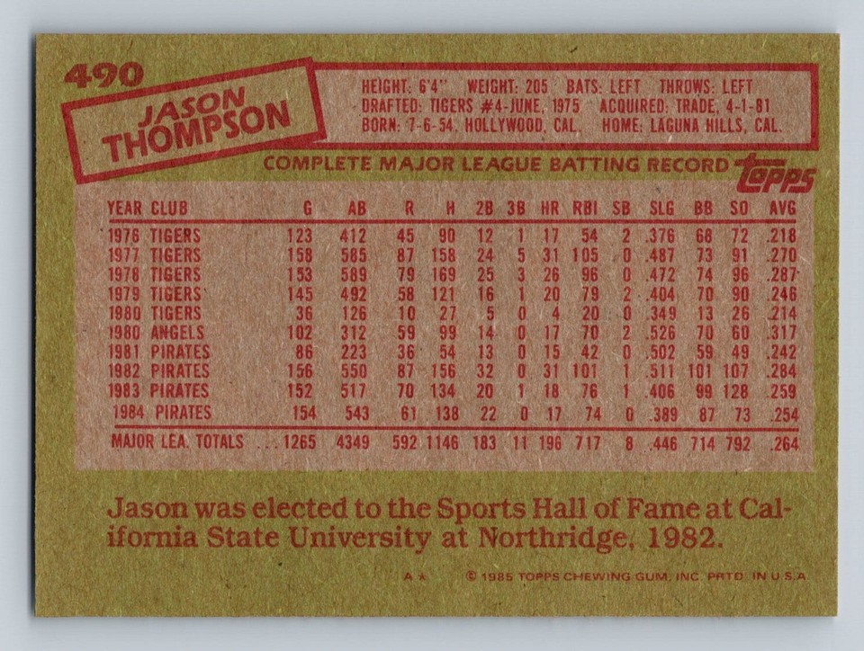1985 Topps #490 Jason Thompson Pittsburgh Pirates - NM/MT | eBay