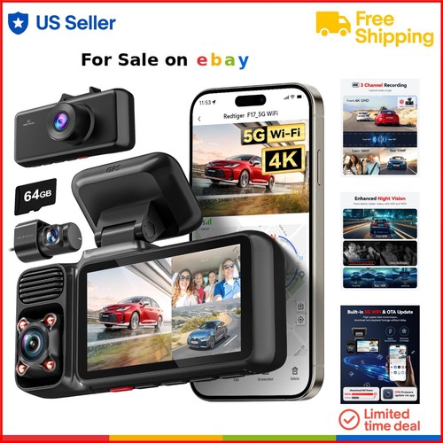 4K Triple Dash Cam WiFi GPS Night Vision Rear Inside Car Camera | eBay