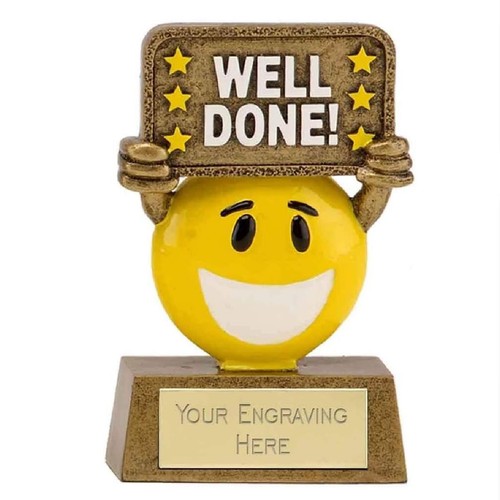 Mini Well Done Happy Face Award Trophy 9cm Resin FREE engraving ...
