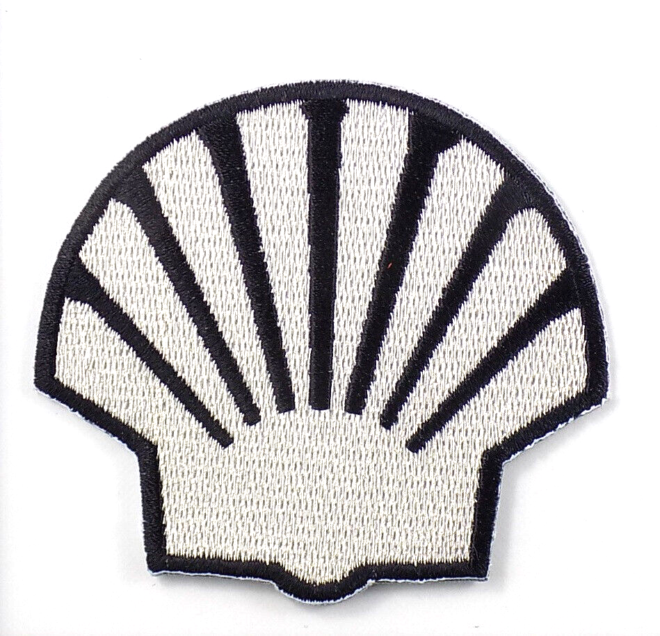 SHELL EMBROIDERED PATCH IRON/SEW ON 3" x 2-3/4" SILVER/BLACK GAS OIL ...