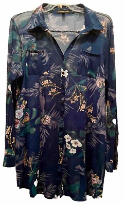 Always Indigo Womens 2X Blue Mesh Button Up Roll Tab Sleeve Shirt ...