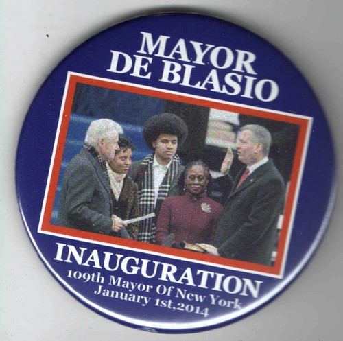 2014 pin NYC Mayor Bill DeBLASIO + BILL CLINTON pinback INAUGURATION BI ...