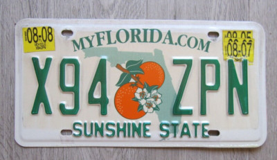 Florida License Plate August 2008 sticker sunshine state tag X94 ZPN | eBay