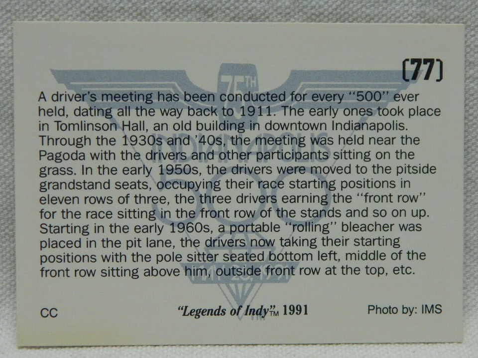 INDY 500 DRIVER'S MEETING LEGENDS OF INDY TRADING CARD #77 | eBay
