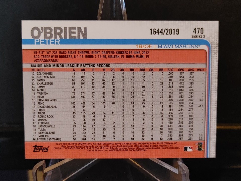 Peter O'Brien 2019 Topps Gold #470 - /2019 - Miami Marlins | eBay