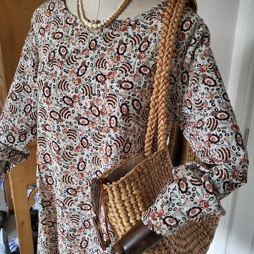 Pike Rust Sage Late Summer Fruit Patterned Crepe Smock 70s Dress L Made ...