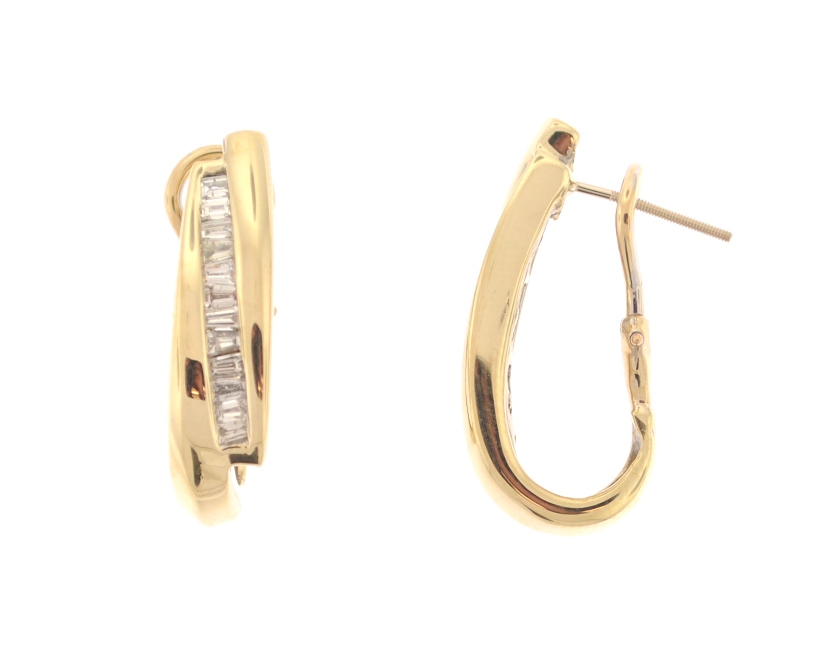 14K YELLOW GOLD .80 CARAT BAGUETTE DIAMOND OMEGA BACK HOOPS HOOP ...