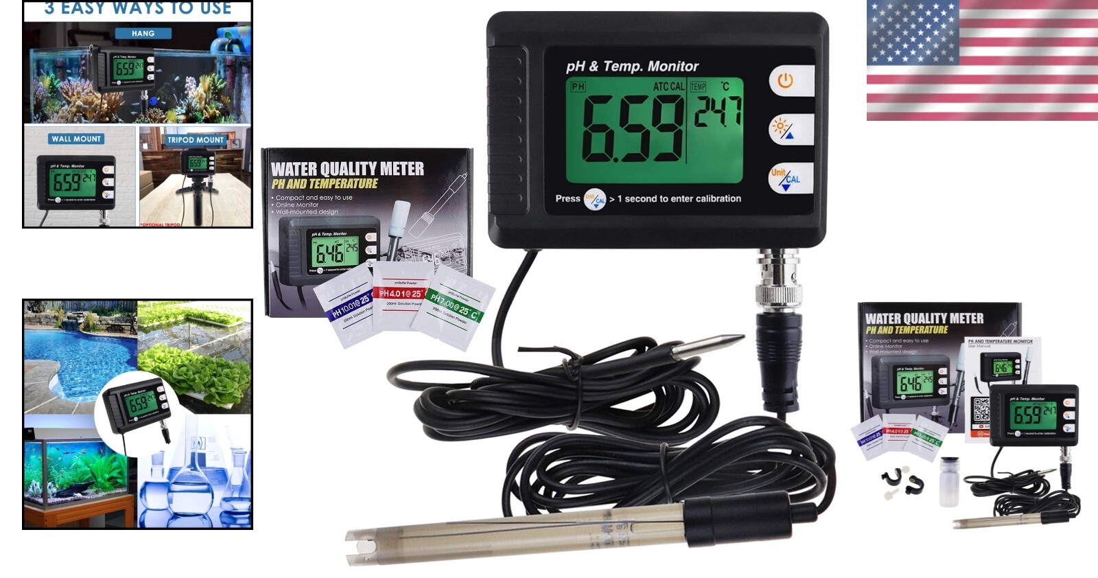 2-in-1 pH & Temperature Monitor Kit with Automatic Calibration for ...