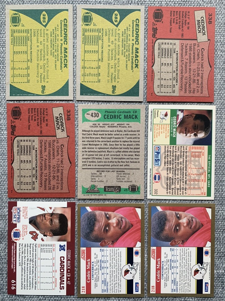 Cedric Mack Arizona Cardinals 9-Card Lot 1987-1990 Topps Bowman Score ...