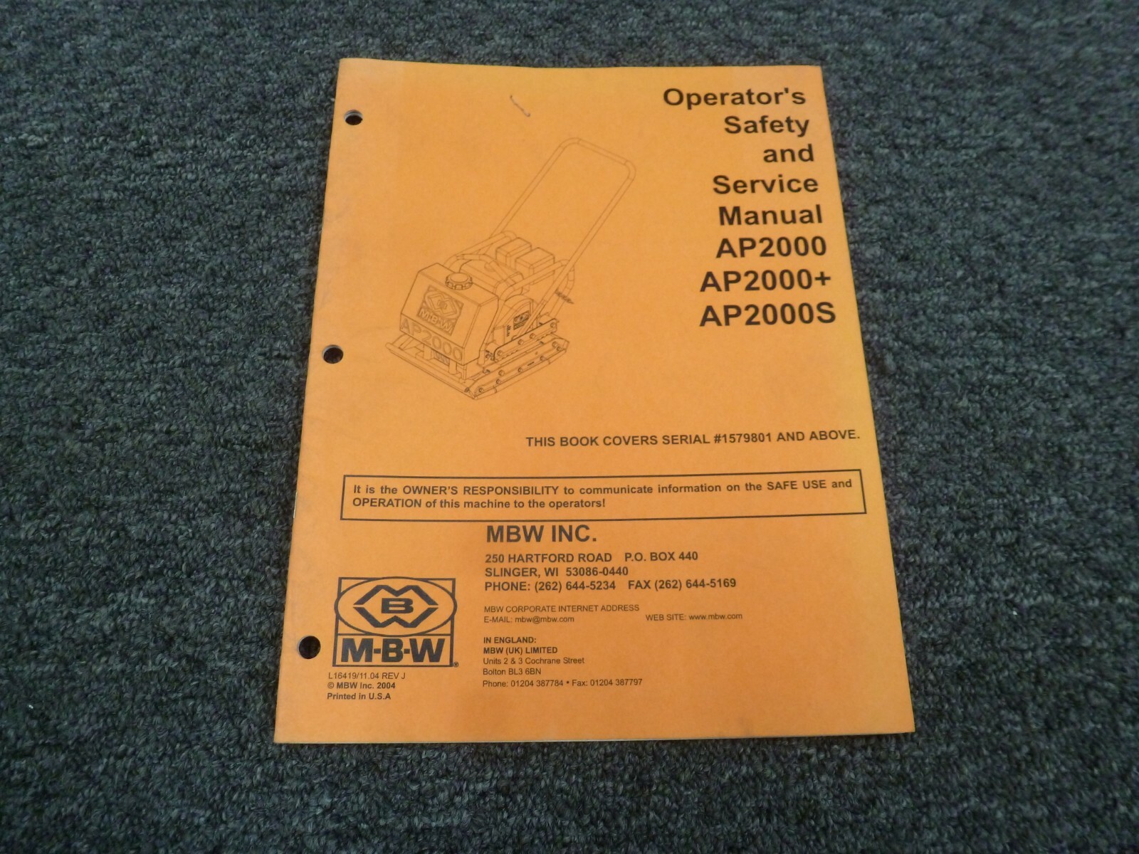 MBW AP2000 AP2000+ AP2000S Plate Compactor Operator Service Repair ...