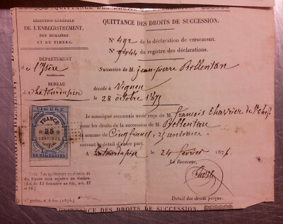 Quittance succession Jean Pierre Bellentan Isére Tour du Pin timbre ...