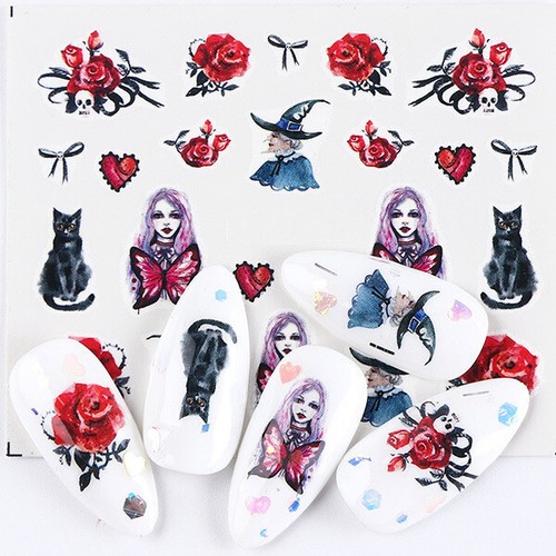 Halloween Nail Art Water Transfer Decal Stickers Rose Skull Cat Witch ...