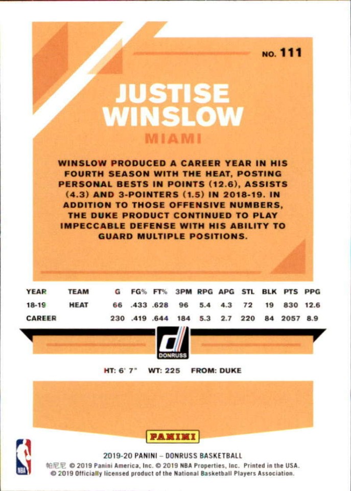 JUSTISE WINSLOW 2019-20 Donruss #111 Heat ID:2844 | eBay