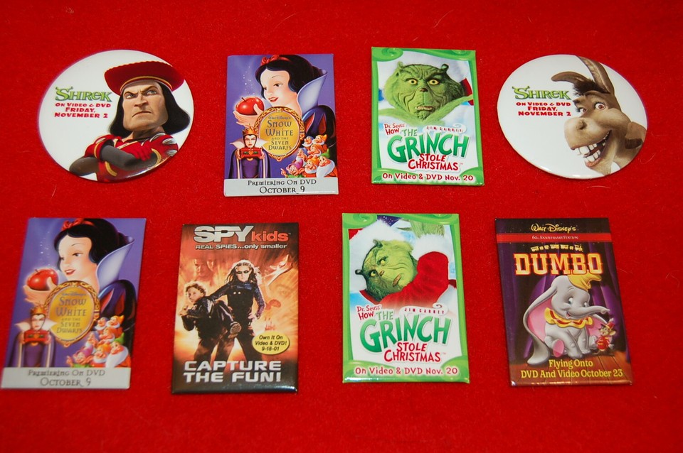 VINTAGE PROMO PINBACK LOT DISNEY BUTTONS SNOW WHITE SHREK DUMBO GRINCH ...