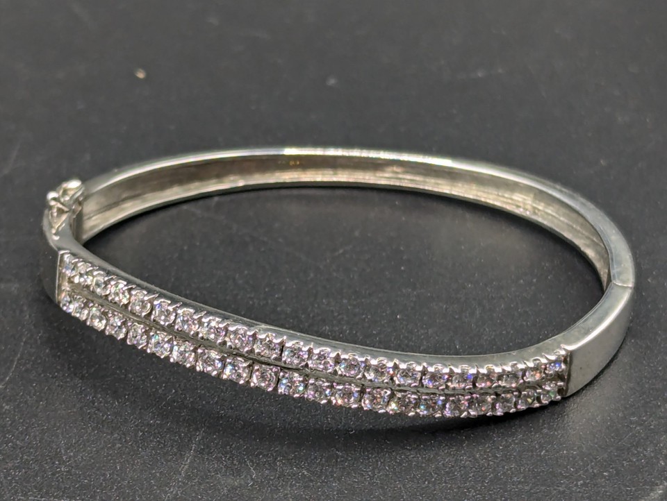 Vintage Signed Sterling Silver Wavy Hinged Bangle Bracelet CZ Channels ...
