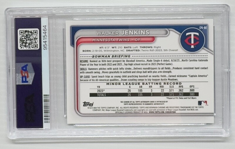 2024 Bowman Chrome Walker Jenkins 1st Prospect Auto Autograph #WJ PSA 9 ...