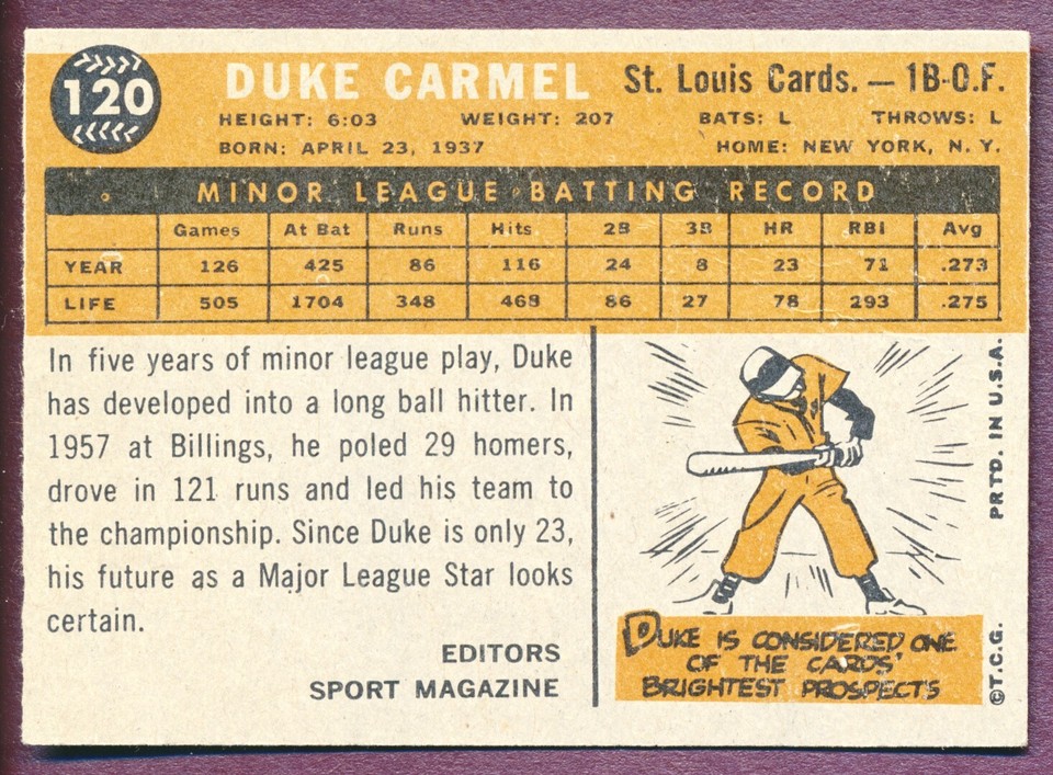 1960 TOPPS #120 DUKE CARMEL ROOKIE EXMT+ ST. LOUIS CARDINALS NO CREASES ...