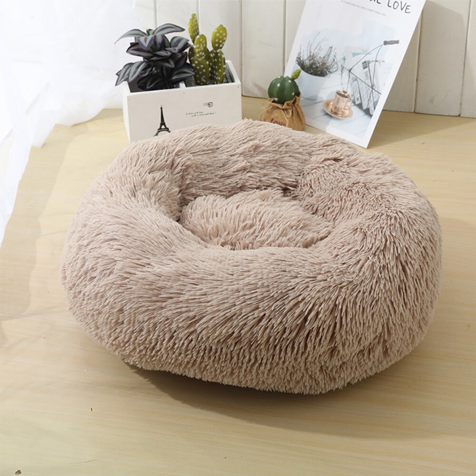 Warm Plush Round Donut Pet Dog Cat Bed Fluffy Soft Round Calming Bed ...