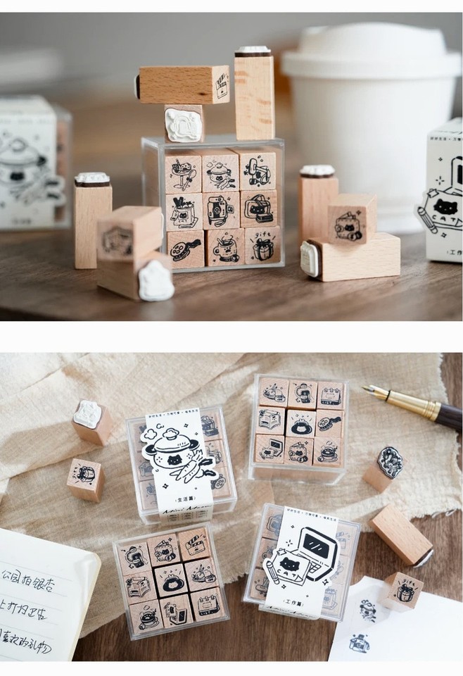 9pcs Cat Decoration Stamp Set - Retro Wooden Rubber Stamps for ...