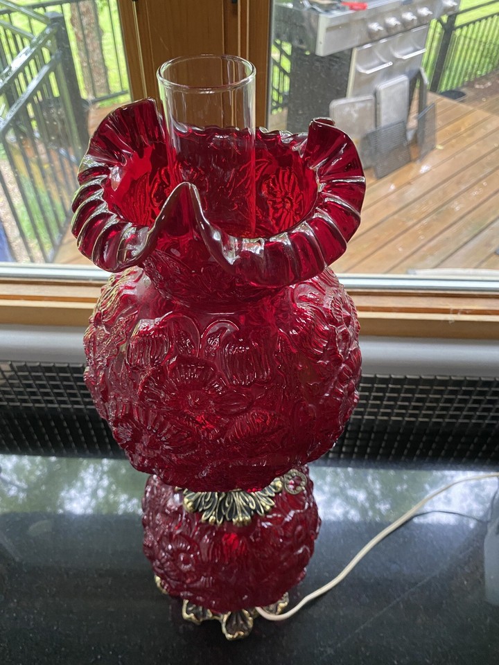 RARE VTG Fenton Ruby Red Poppy Glass Gone With the Wind Hurricane Lamp 24”H | eBay