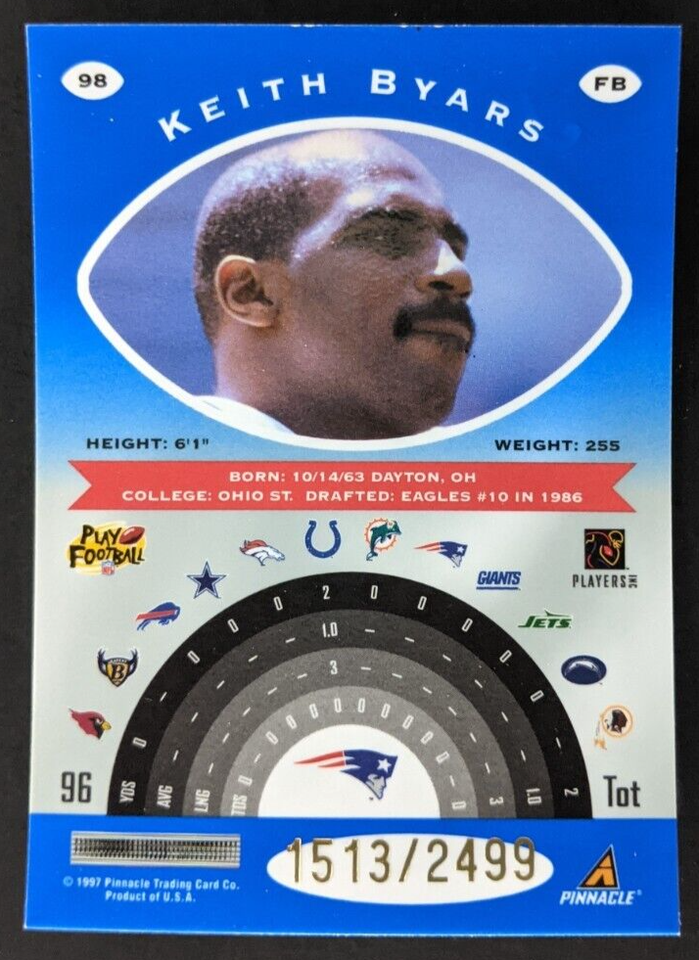 Keith Byars 1997 Pinnacle Totally Certified BLUE #98 Football Card NFL ...