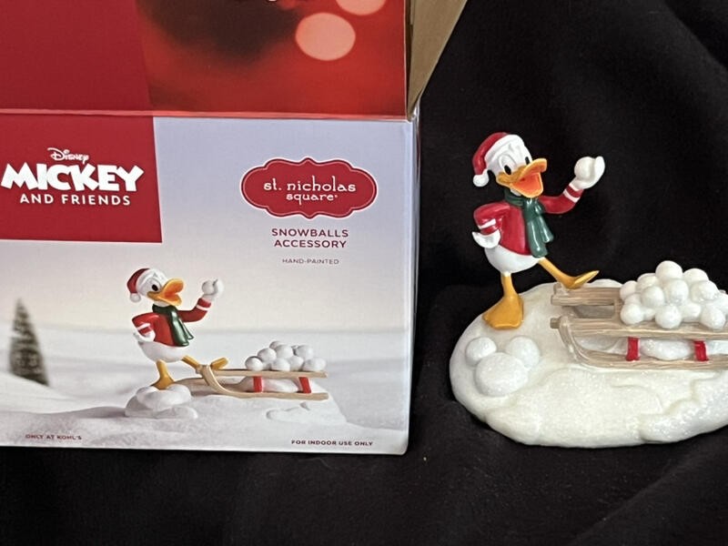 Disney St Nicholas Square Village Donald Duck's Holiday Snowball w Sled ...