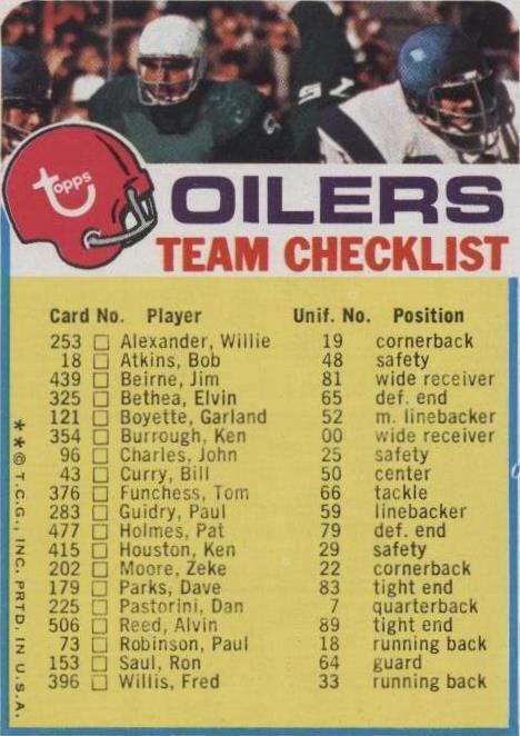 1973 Topps Team Checklists - Houston Oilers Two Stars on Front for sale ...