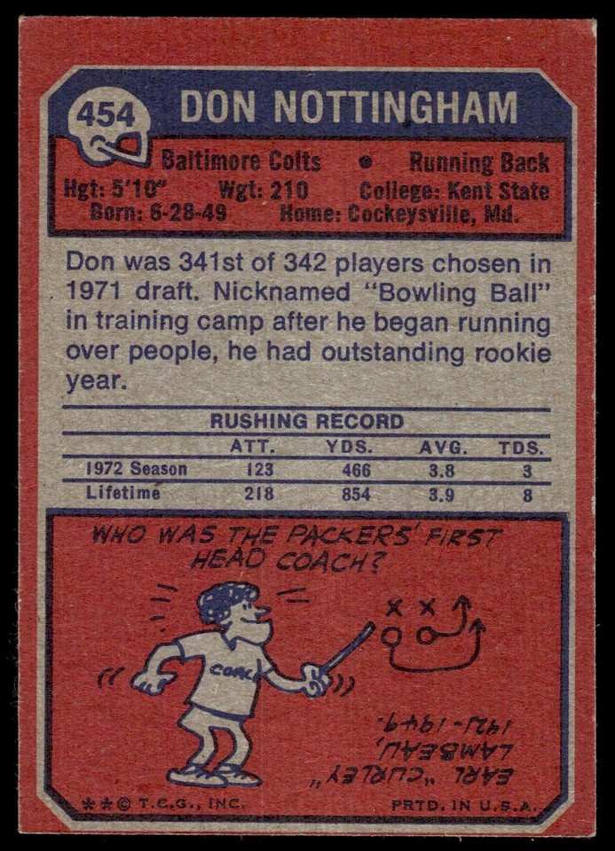 1973 TOPPS DON NOTTINGHAM 3 RC BALTIMORE COLTS #454 | eBay