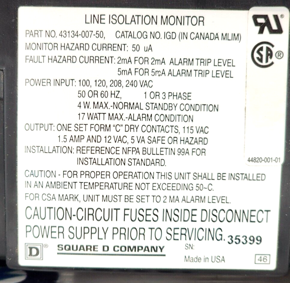 SQUARE D 43134-007-50 100,120,208,240 VAC ISO-GARD LINE ISOLATION ...