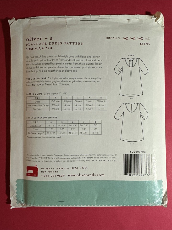 Oliver + S Playdate Little Girls A-Line Dress Sewing Pattern Uncut 4 5 ...