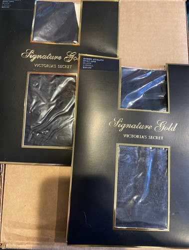 NOS Victoria’s Secret Signature Gold Sheer Vitality Stay Ups In Black ...