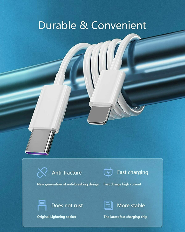 20W USB-C Power Adapter PD Fast Charger Cable For iPhone 14 13 12 11 ...