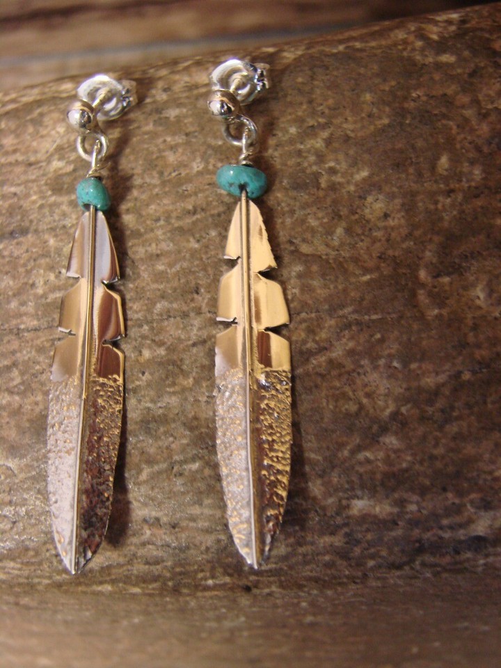 Native American Sterling Silver Turquoise Feather Post Earrings Arviso | eBay